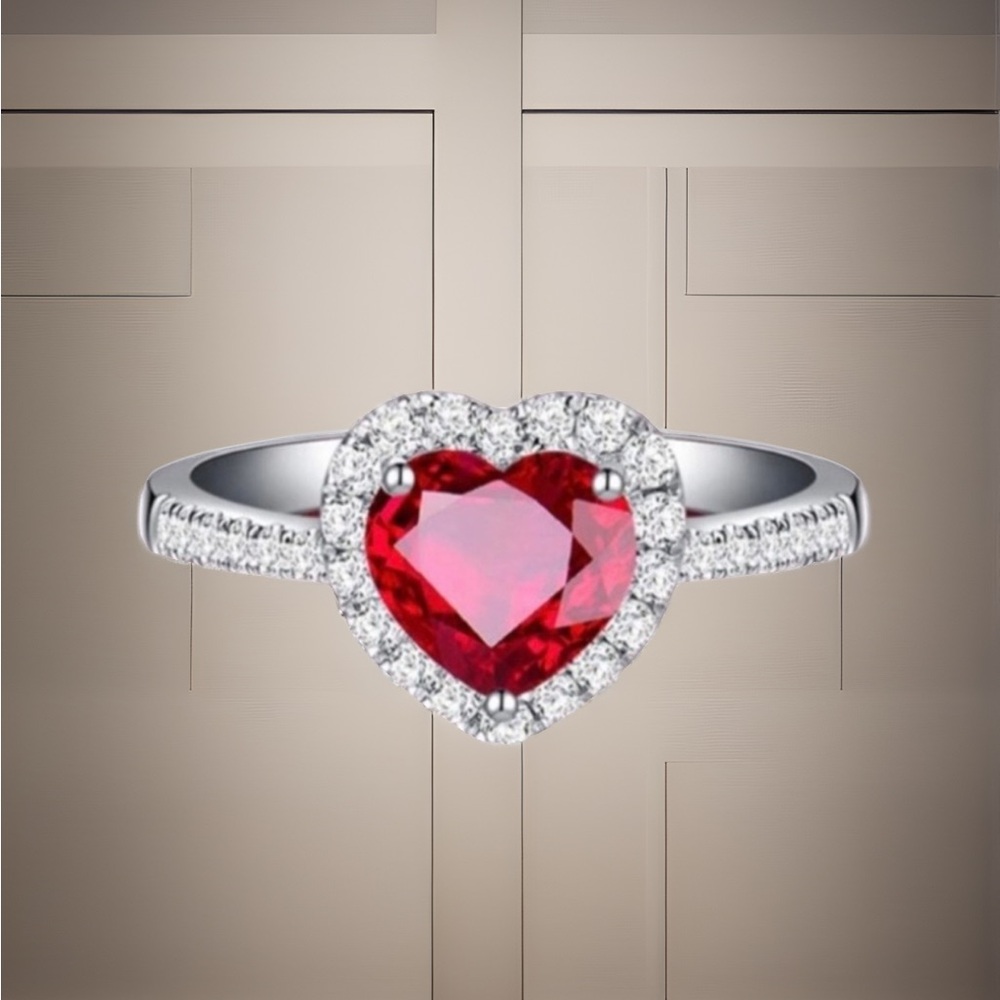 925 Red Ruby Heart Shape Gemstone Sterling Silver Wed… - Gem
